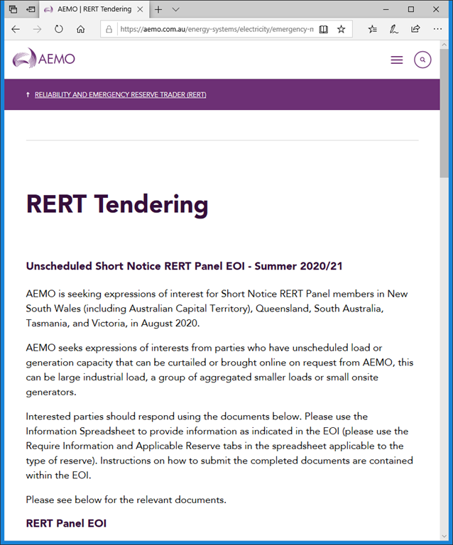 AEMO tenders for Short-Notice RERT Panel for Summer 2020-21 - WattClarity